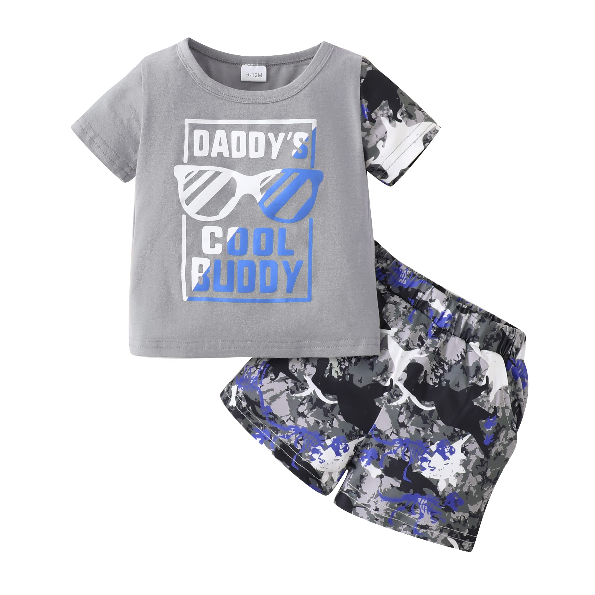 SEVEN YOUNG Toddler Baby Boy Summer Clothes Daddy's Cool Buddy Short Sleeve T-shirt Dinosaur Camouflage Shorts Boys 2pcs Outfit (Grey, 18-24 Months)