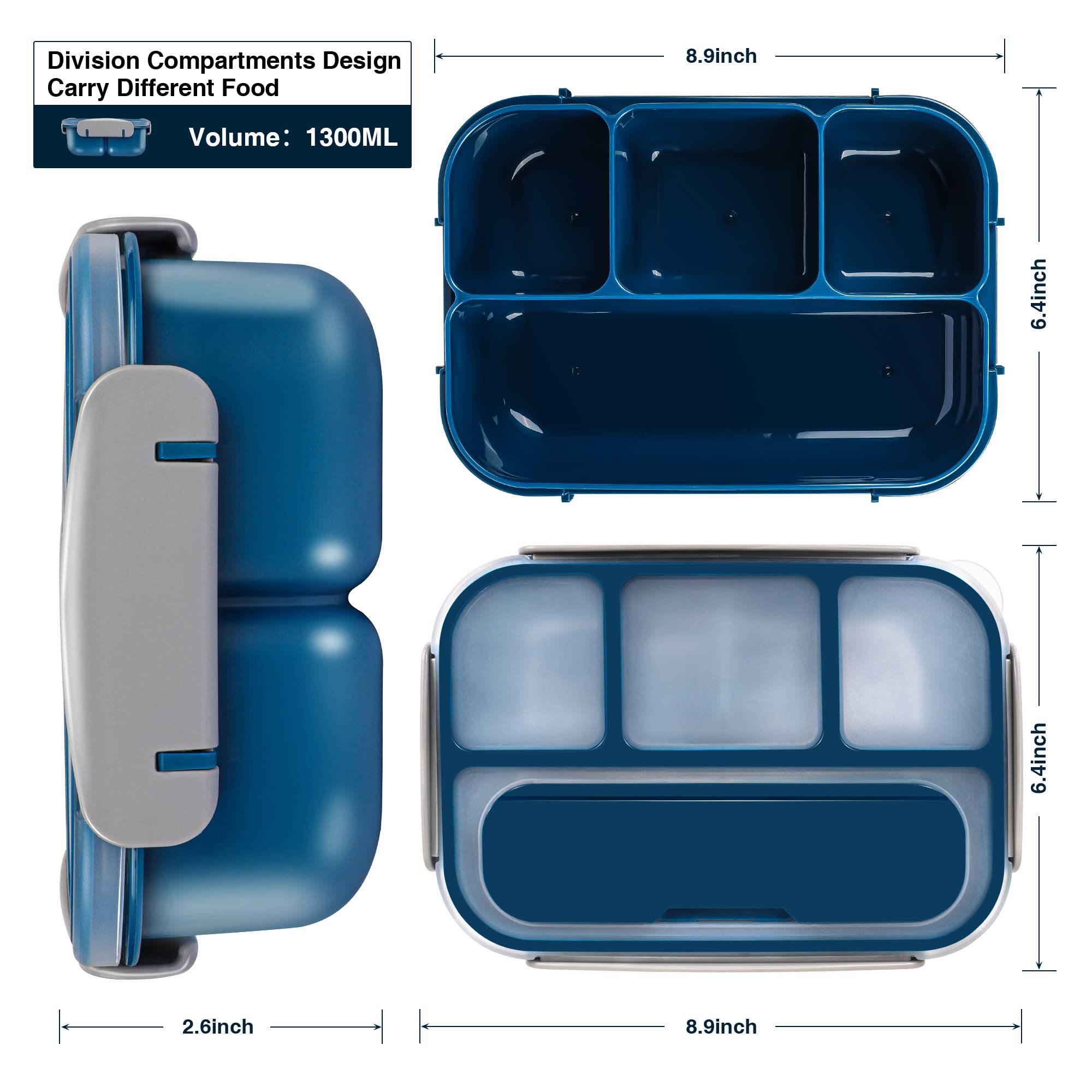 Kishilly Bento Lunch Box for Kids/Adult, Microwavable Kids Containers With Bag Mini Cookie Cutters Fruit Picks Silicone Cup Reusable Storage Bags School,Work and Picnic, Blue, 22.5 * 19 * 7cm