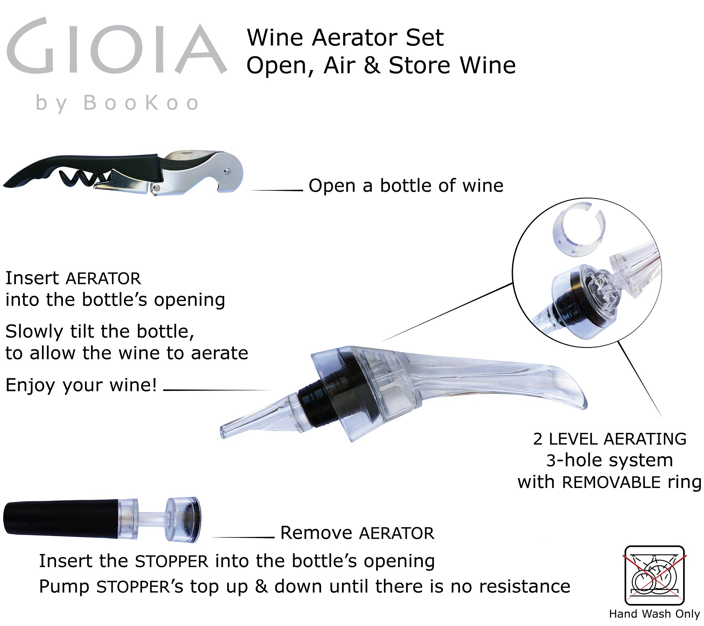 GIOIA Wine Aerator Pourer Set: Premium Wine Decanter Spout with Vacuum Stopper Pump and Corkscrew, Home Essentials in Stylish Gift Box
