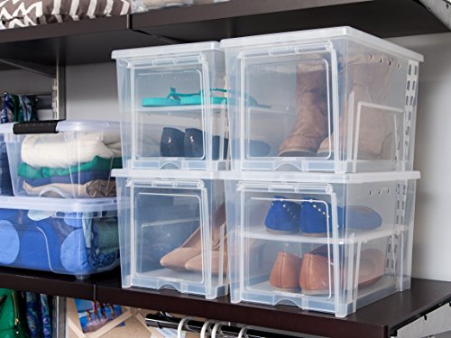 IRIS USA, Inc. Tall Stackable Shoe Storage Box with Flip Up Door and Air Vents, 4-Pack, Sturdy Shoe Organizer Container with Removable Dividers for Closet Under Bed and Entryway Storage, Clear