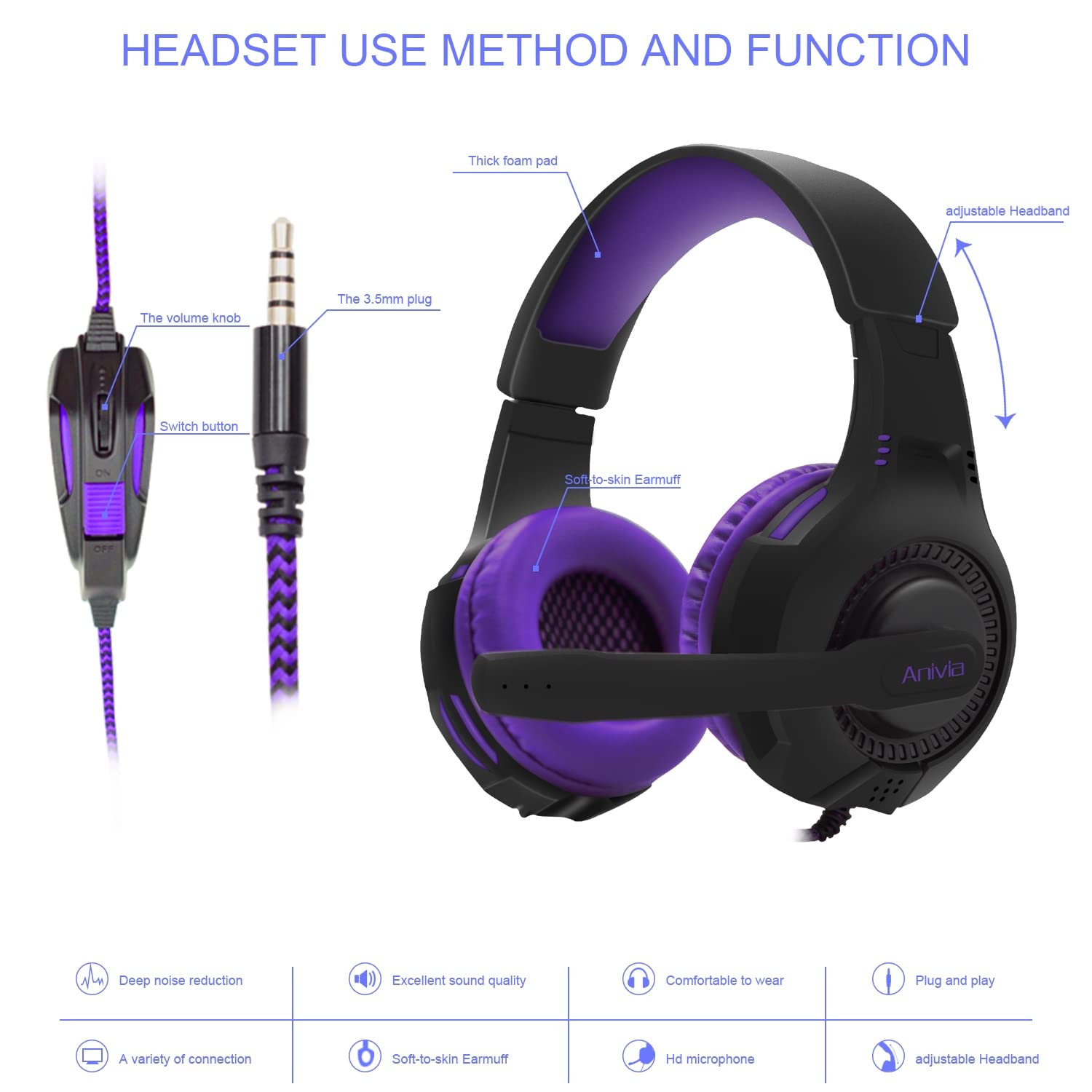 Emonoo Wired Headphone with Noise Cancelling Microphone for School/Work/Gaming, Stereo Gaming Headset for PS4 PS5 Xbox Switch PC, Purple