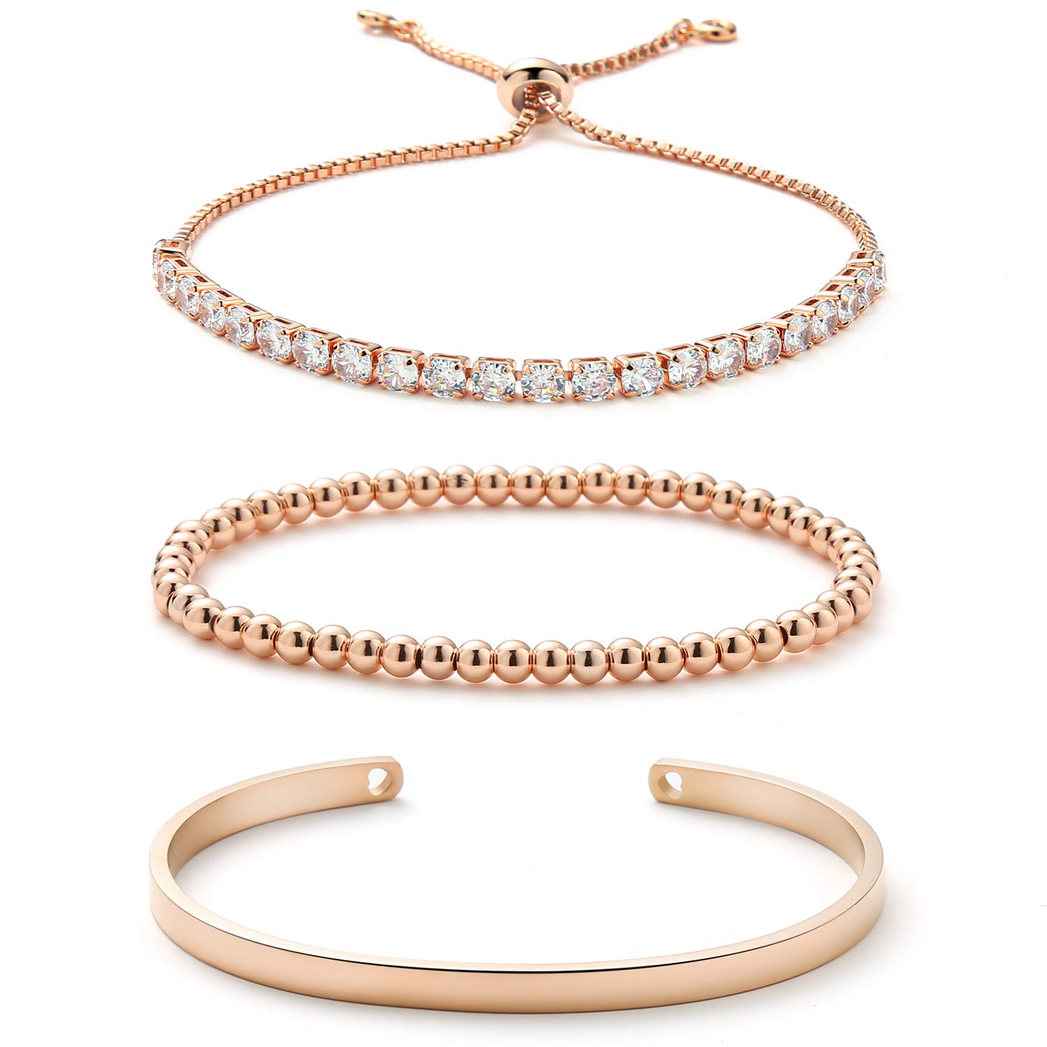 Starain Tennis Bracelets for Women White Cubic Zirconia Bling Bracelet,Rose Gold Copper Beaded Bracelet Cuff Bracelet Set