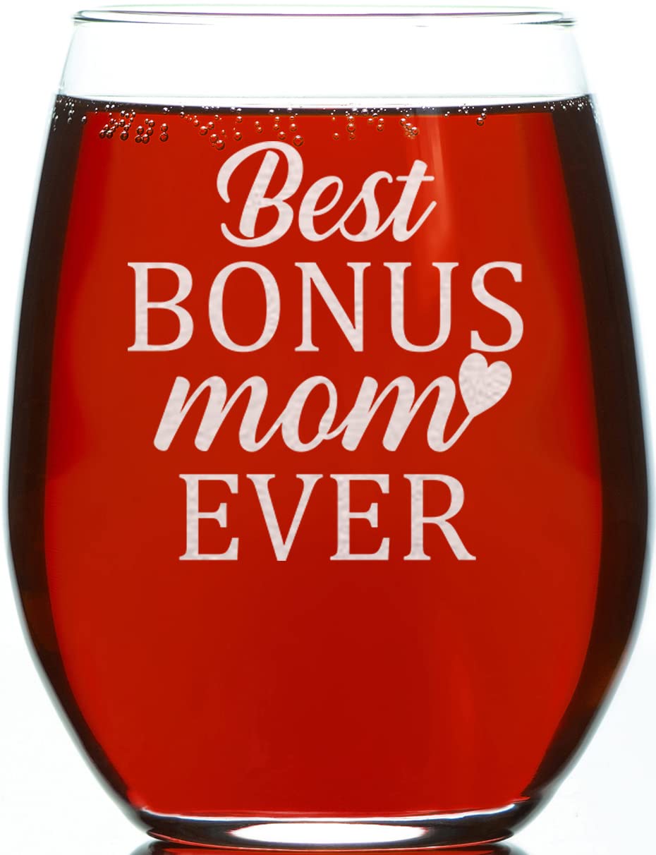 CARVELITA Best Bonus Mom Ever, 15oz Stemless Wine Glass, Mother's Day Gift for Stepmom, From Daughter, Son, Birthday Gift for Bonus Mom