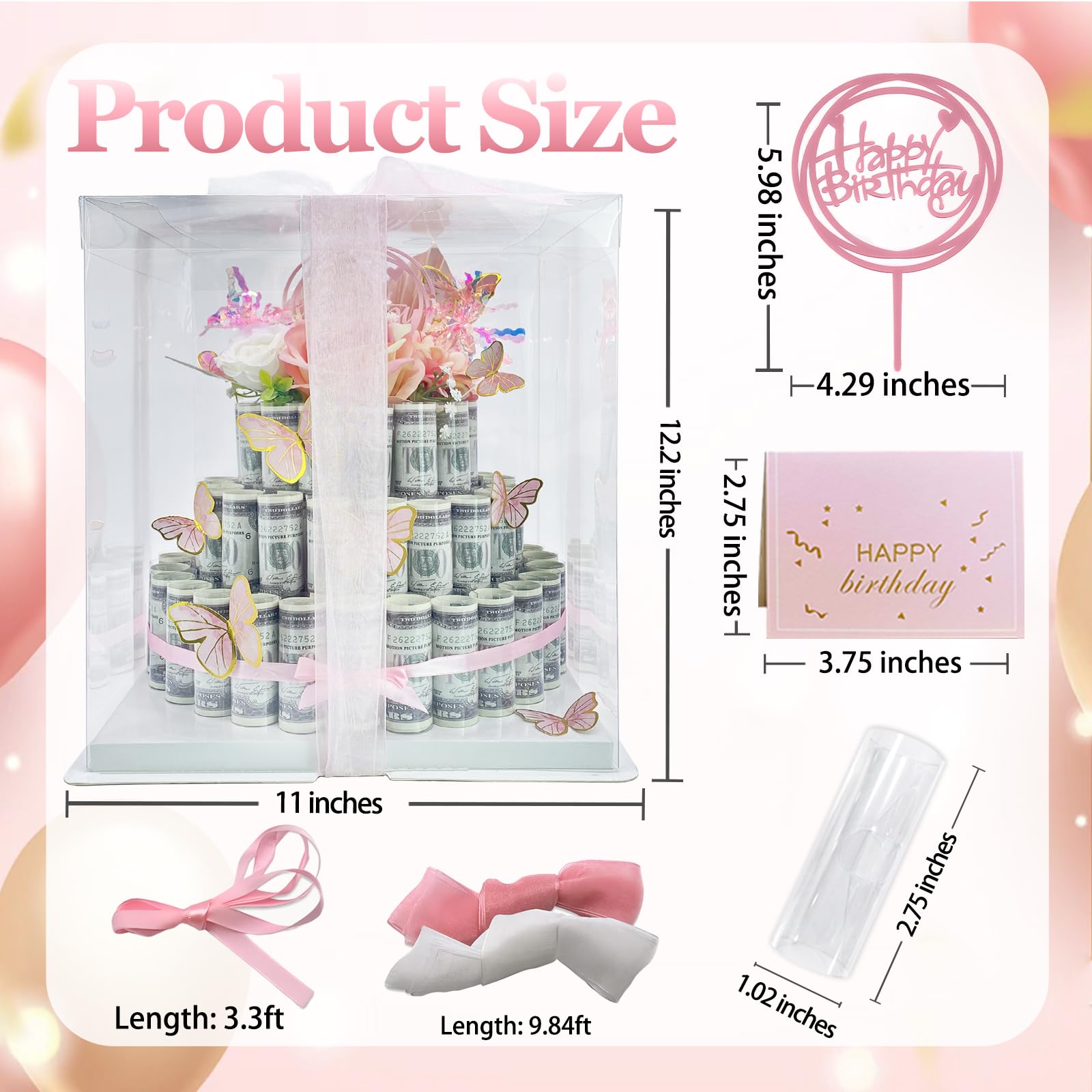 Gifting Cash Gift Boxes,Happy Birthday Day Money Gift Box,Money Flower Cake Fake Cake Gift Box,DIY Surprise Birthday Gift Box,for Birthday/Valentine's Day Unique Surprise Gift(Pink-three tier)