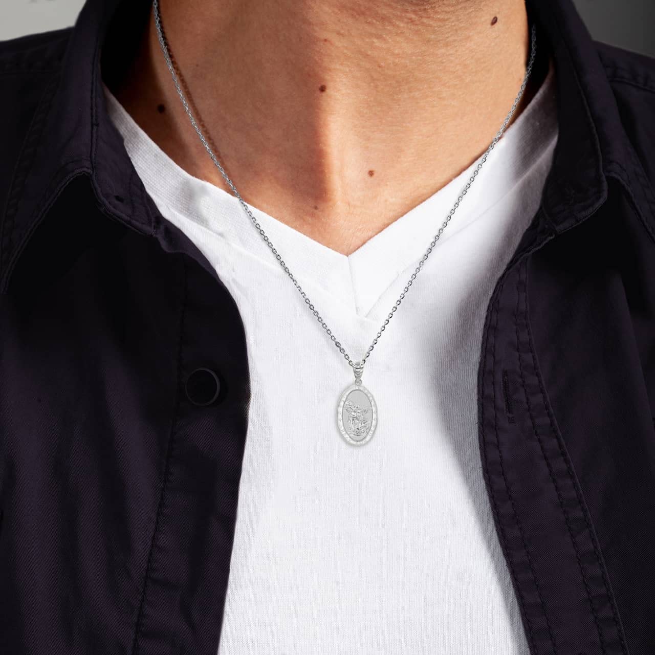 Claddagh Gold Archangel St. Michael Pray For Us Words Oval Medal in Solid 925 Sterling Silver Pendant