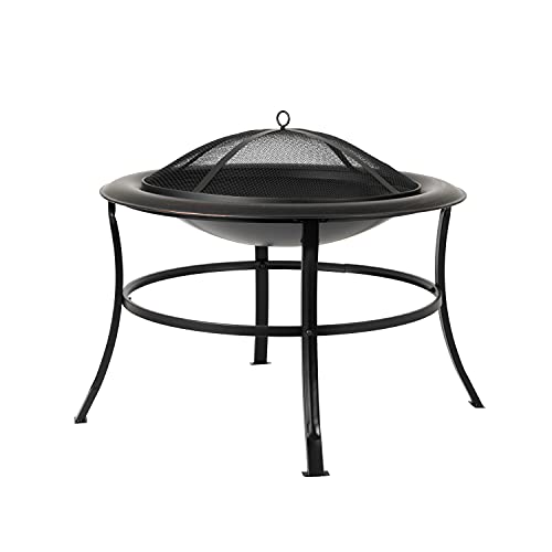 Fire Sense 62237 Fire Pit Tokia Steel Wood Burning Lightweight Portable Outdoor Firepit Rounded Lip & Curved Legs Included Wood Grate & Screen Lift Tool - 30" Round - Black