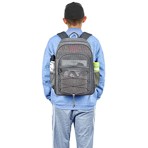 Heavy Duty Mesh Backpacks for Adults, Mesh School Booking Bags for Boys and Girls, See Through Backpack with Adjustable Straps, Mesh Bags for Swimming(Grey)