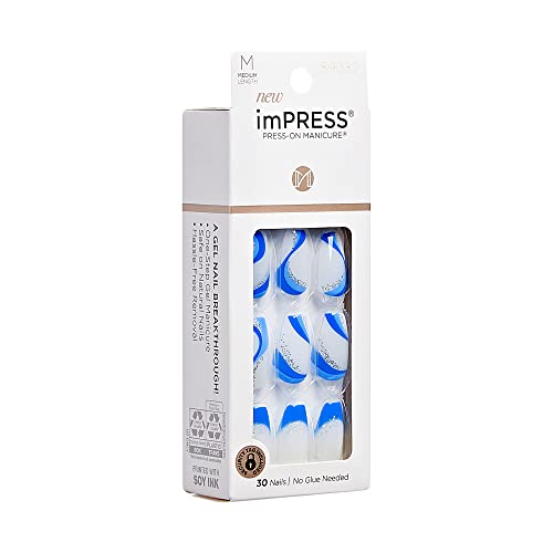 KISS imPRESS Press-On Manicure Fake Nails, Medium Coffin, Mesmerize, Blue, Comfortable, Super Hold Adhesive, No Glue/Polish, Chip Proof, No Dry Time, Smudge Proof, Waterproof | 30 Count