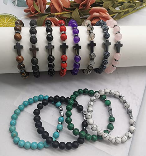 SAMOCO 12Pcs Healing Stone Beaded Bracelets for Women Men Semi-Precious Gemstones Bracelets Crystal Cross Beaded Bracelet Unisex Adjustable Stretch Bracelets 8MM