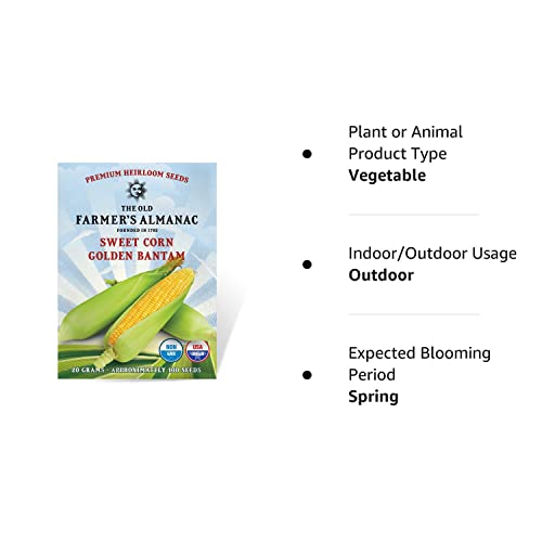 The Old Farmer's Almanac Heirloom Sweet Corn Seeds (Golden Bantam) - Approx 75 Seeds - Non-GMO, Open Pollinated, USA Origin