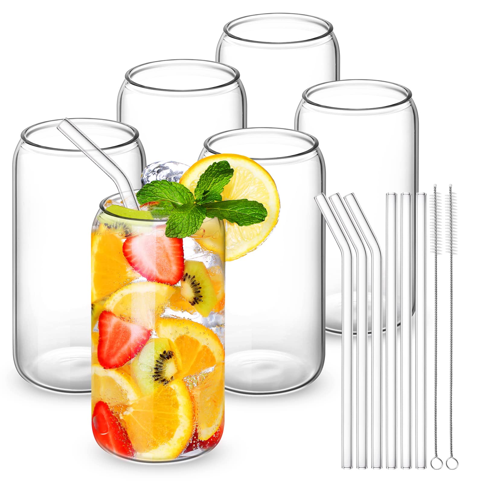 CWHHRN Glass Cups with Straw 6 Set, 16oz Beer Glasses, Glass Coffee Cups, Iced Coffee Glasses, Glass Tumbler for Whiskey, Soda, Tea (4 PACK)