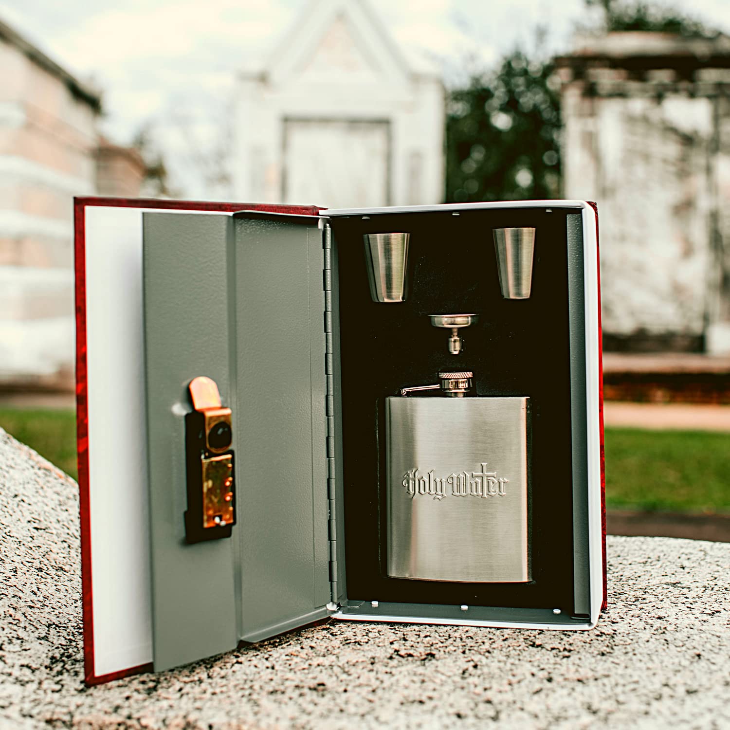 Funderstood Dracula Holy Water Hidden Barware Book Safe, Gothic Secret Liquor Flask with Two Stainless Steel Shot Glasses, Gothic Gift Set, Goth Decor - 2.25β X 6.125β X 9.5β