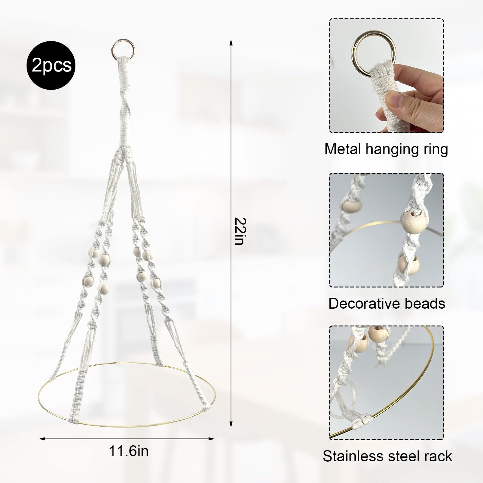 HFYZZ 2Pcs Herb Drying Rack,Boho Handcrafted Cotton Rope Woven Herb Drier with Wooden Balls,Herb Dryer,Herb Drying Rack, Hanging Herb Dryer Rack for Hydroponic Plants, Gold Color
