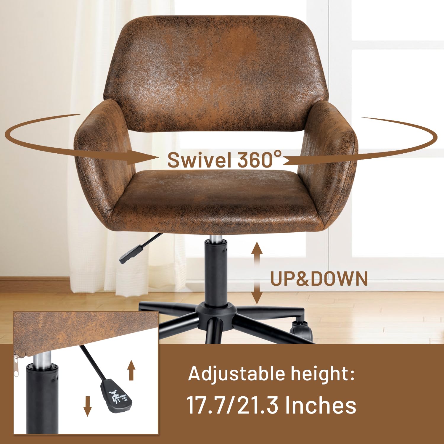 FurnitureR Office Chair, Upholstered Suede Mid Back Swivel Computer Desk Chair with Rolling Wheels, Adjustable Task Chair for Home, Bedroom, Make-up, Studying, Small Spaces - Brown