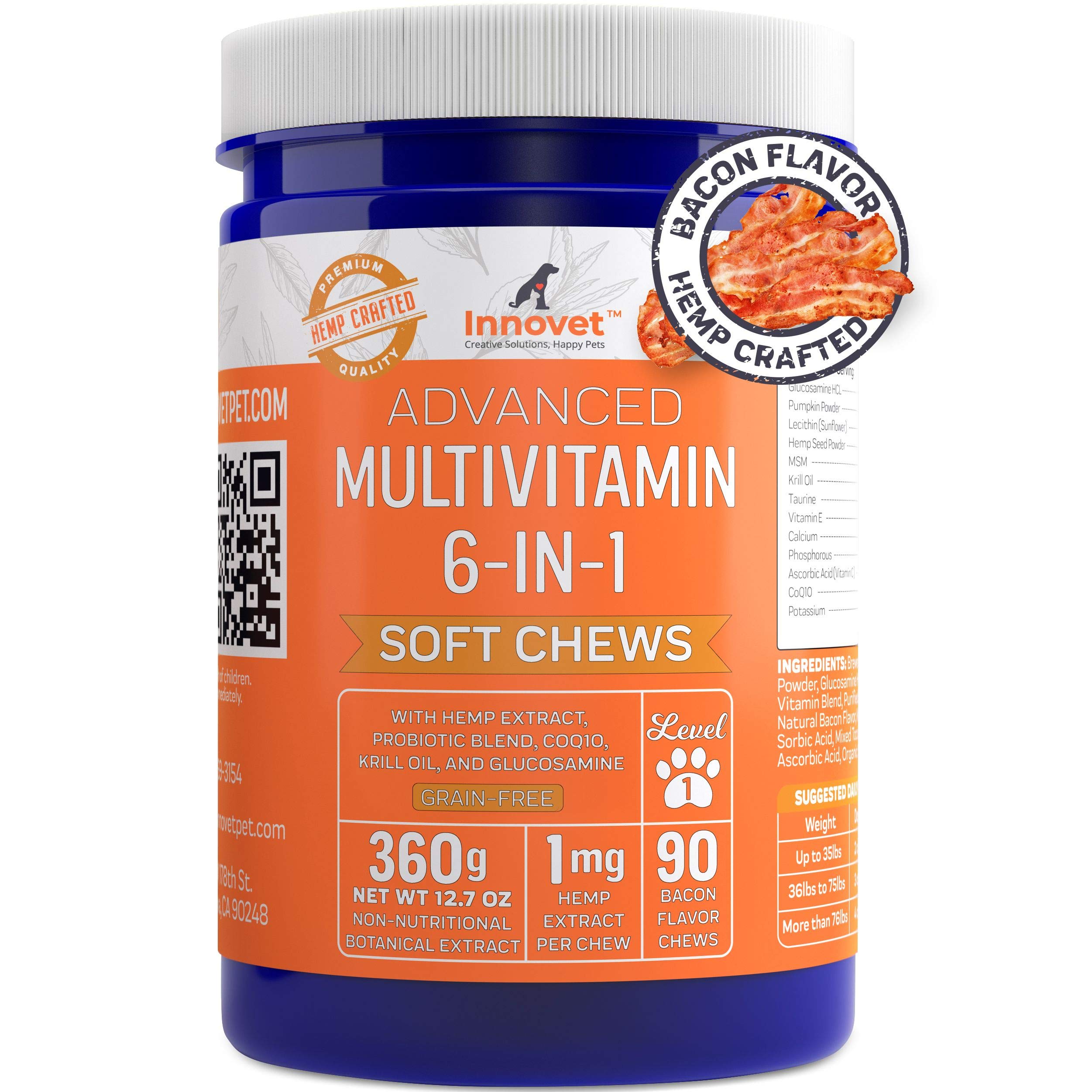 Innovet Pet Advanced Dog Multivitamin Supplements - Probiotics, Calcium, Hemp Seed Powder & Glucosamine for Dogs - Omega 3-6-9 Supplements - Vitamins Supplements for Dog Anxiety Relief – Bacon Flavor