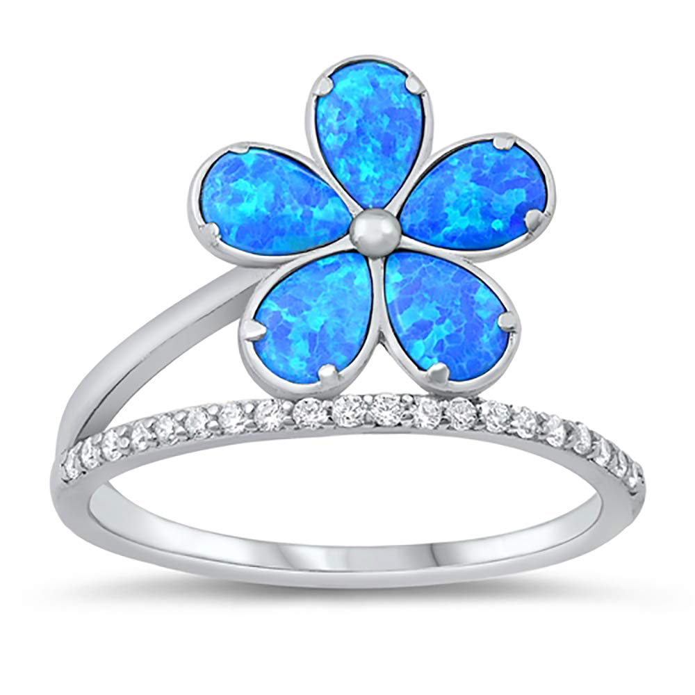 CloseoutWarehouse Blue Simulated Opal Clear Cubic Zirconia Plumeria Flower Ring Sterling Silver Size 6