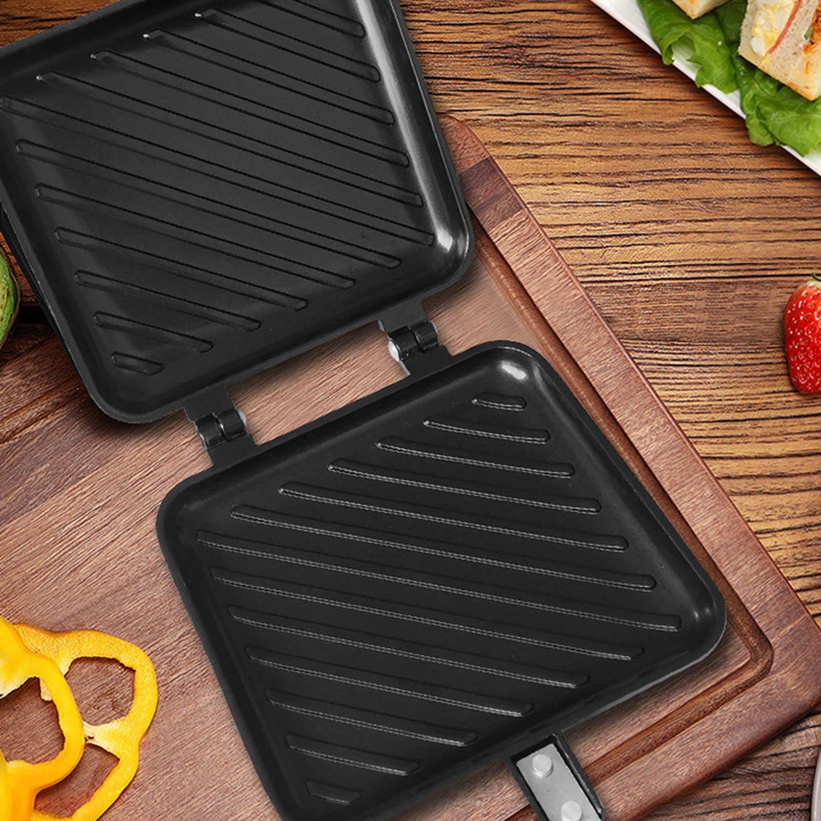 Frying Pan, Nonstick Double Sided Frying Pan, Flat Bottom Sandwich Pan, Aluminum Alloy Sandwich Pancake Maker Pan for Toaster Breakfast Omelette