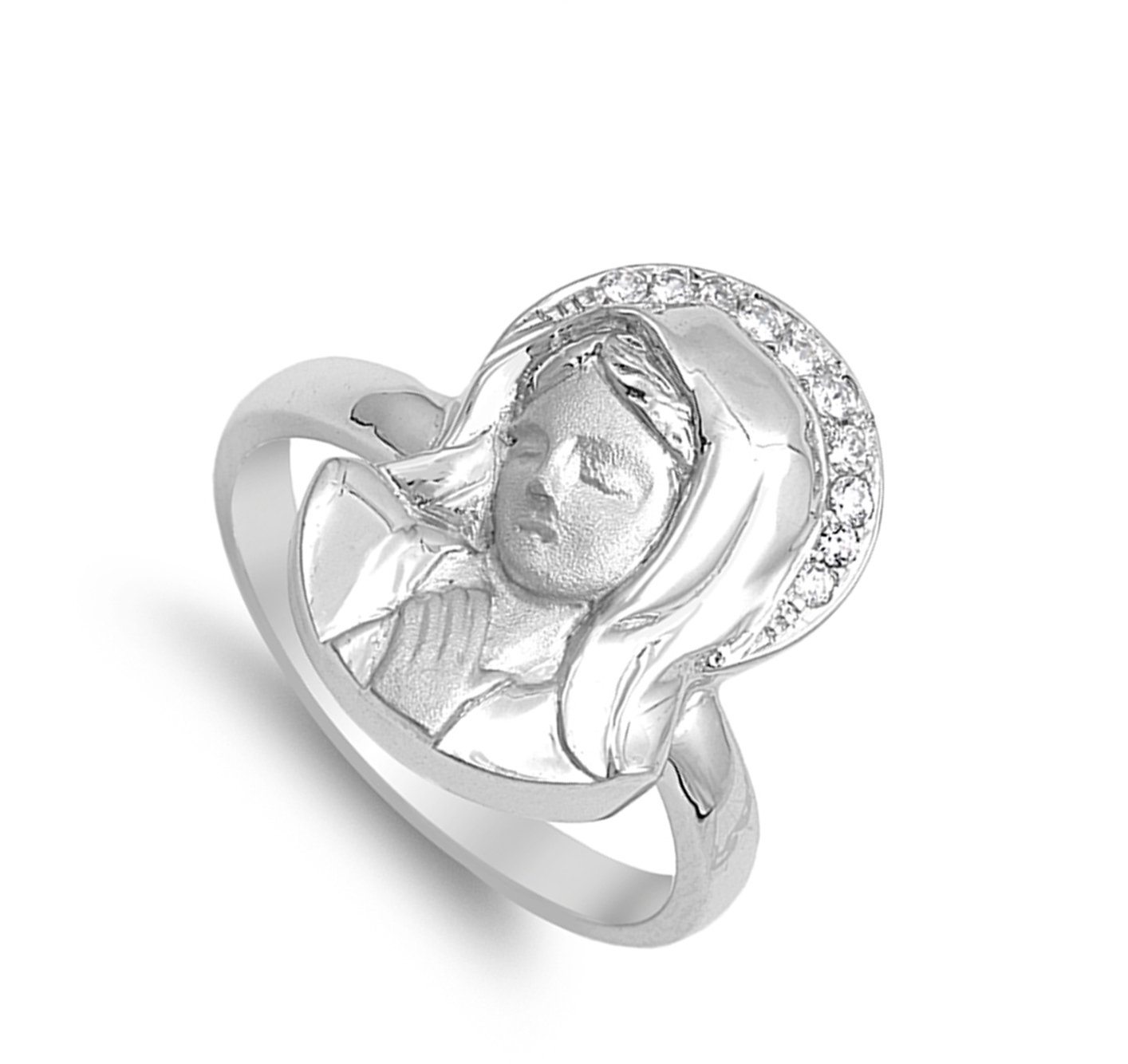 Clear CZ Virgin Mary Catholic Church Ring .925 Sterling Silver Band Size 8