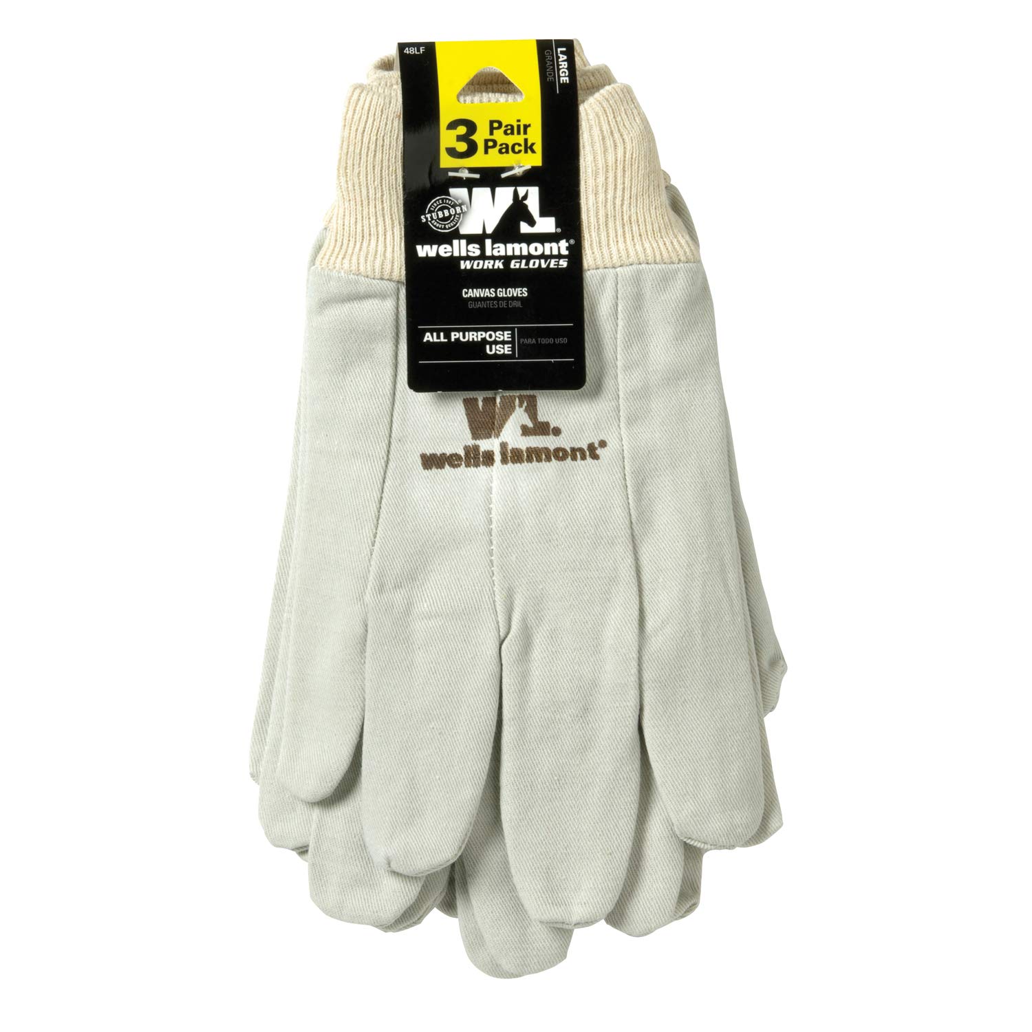 Wells Lamont Canvas Work Gloves, Standard Weight, Wearpower, Large, 3 Pack (48LF) , White