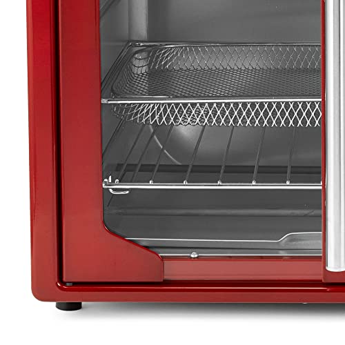 Oster Extra Large Single Pull French Door Turbo Convection Toaster Oven with 2 Removable Baking Racks, 60-Minute Timer, & Adjustable Temperature, Red