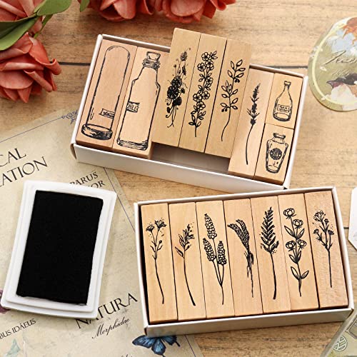 KAKALUOTE 15 Pcs Vintage Wooden Rubber Stamps,Flower Plant and Floral Wooden Stamps Set with 1 Ink Stamp,Rubber Stamps for Crafting,Stamps for Crafts, Letters Diary and Scrapbooking