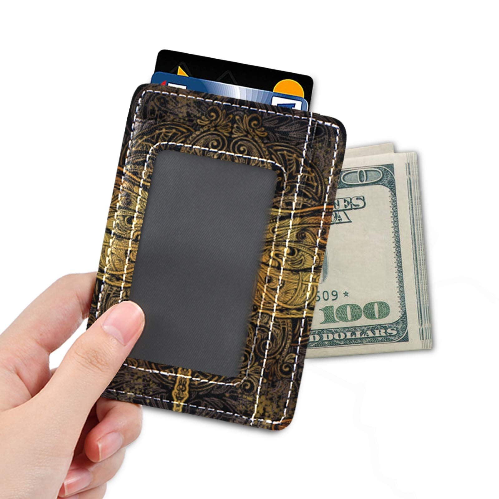 Linomo Thin leather Card Holder and Money Clip Mandala Dragonfly Design Wallet RFID Blocking for Men & Women