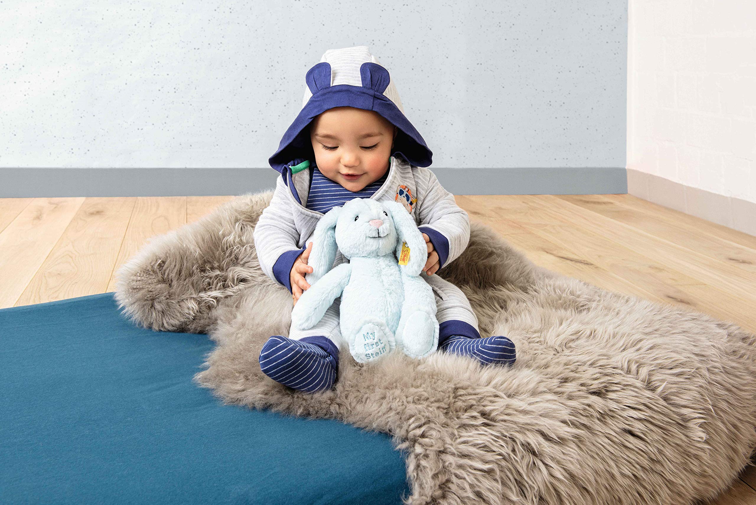 Steiff Soft Cuddly Friends My First Hoppie Rabbit 10", Premium Stuffed Animal, Light Blue