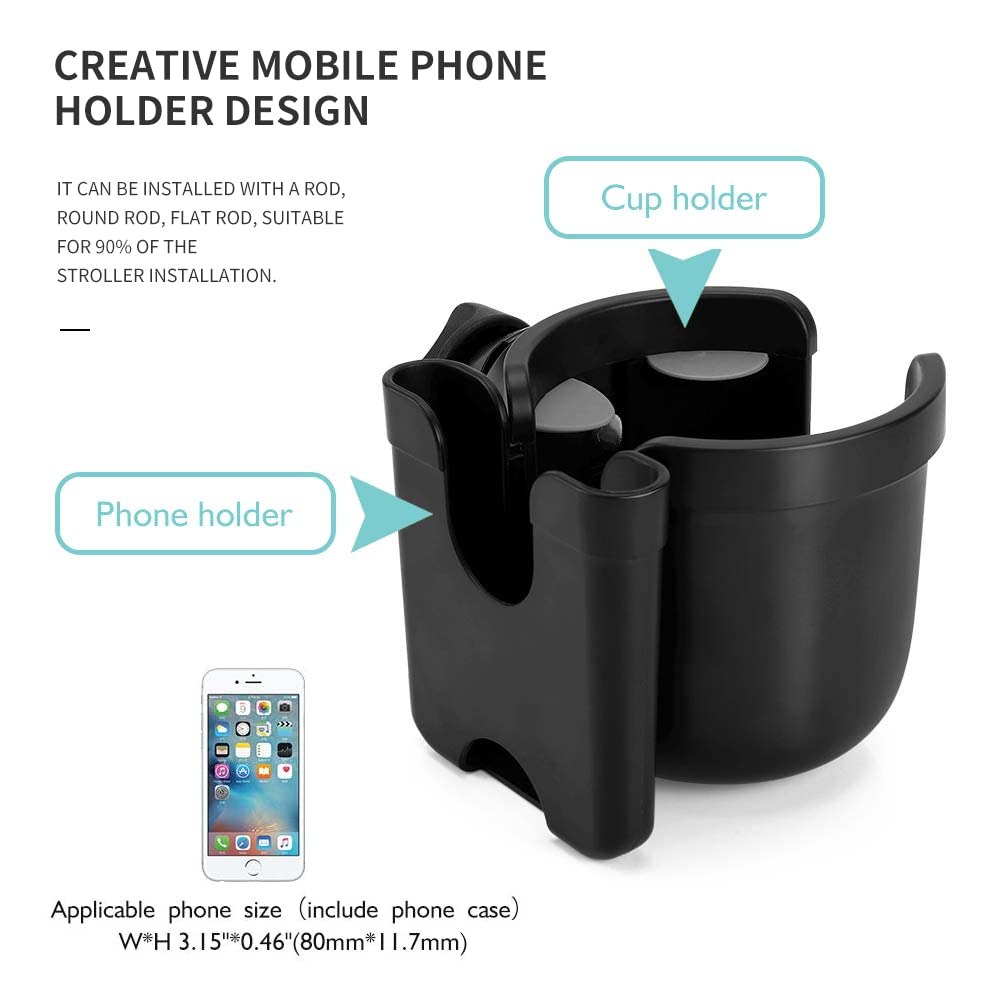 CXSBABY Cup Holder for Stroller with Phone Holder, Universal Cup Holder for Stroller, Bike, Wheelchair, Walker, Scooter, Black.