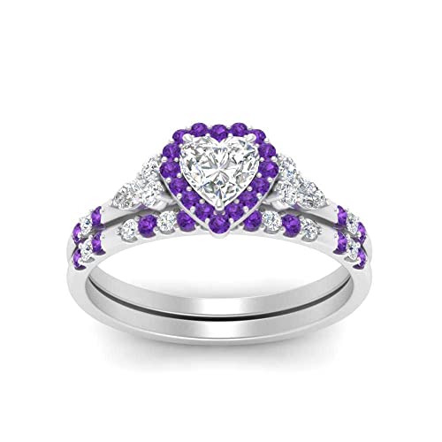 CustomizedGifts Halo Edwardian Wedding Ring And Band sterling silver Natural Amethyst Heart shape purple color Wedding Ring Sets prong Setting in Size 6 Handcraft Chakra Healing