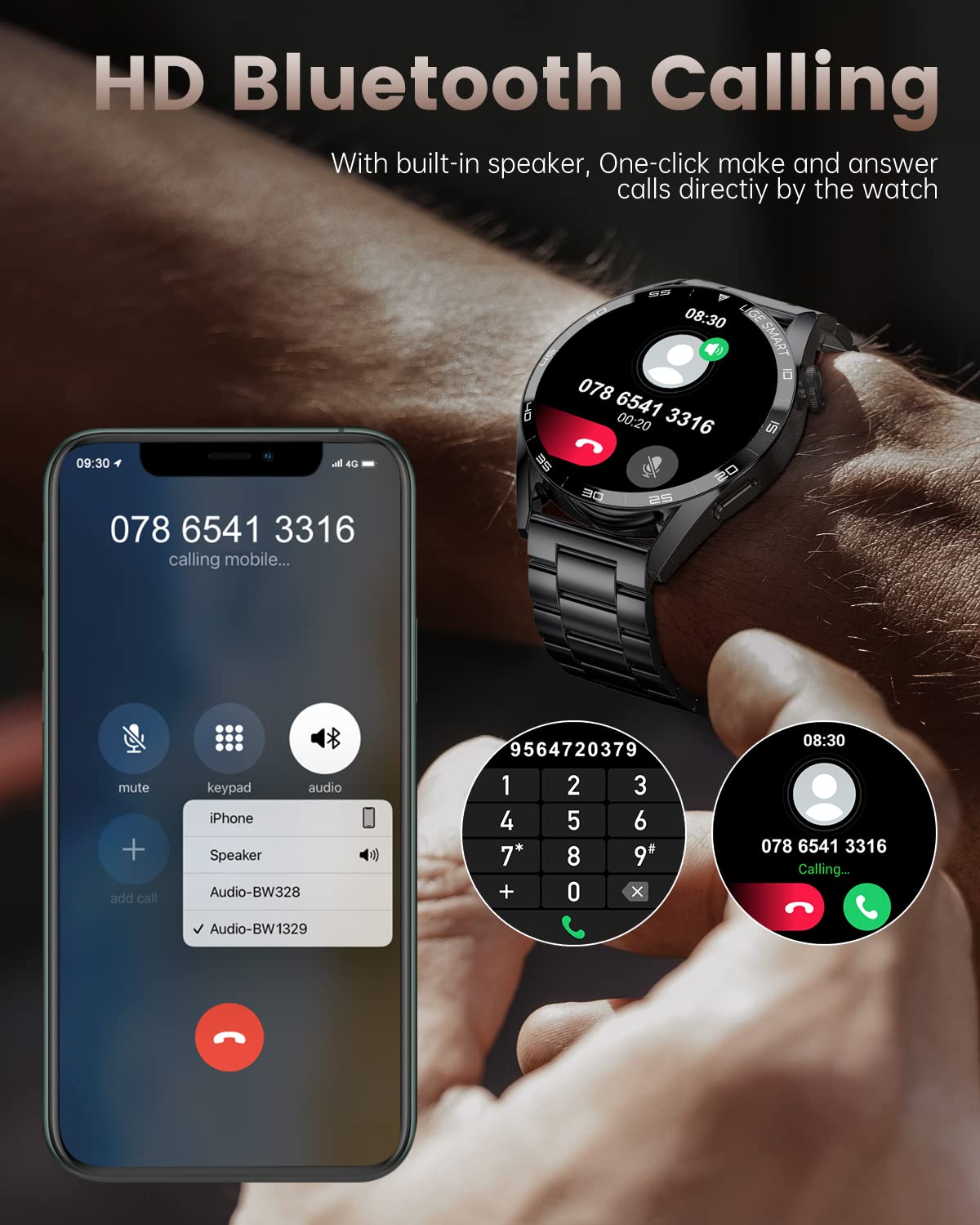 FOXBOX Smart Watches for Men with Bluetooth Calls,1.32'HD Touch Screen Fitness Tracker for Android and iOS Phones Compatible with Heart Rate Stopwatch Message Push,IP67 Waterproof Smart Watch(Black)