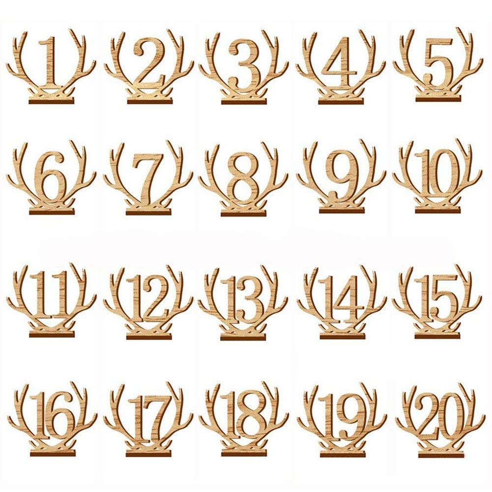 Messar Antler Wedding Table Number Set, 1-20 Animal Antler Shape Deer Horn Wooden Table Numbers with Holder Base for Reception Stands Décor for Wedding Events Birthday Party (Style 1)