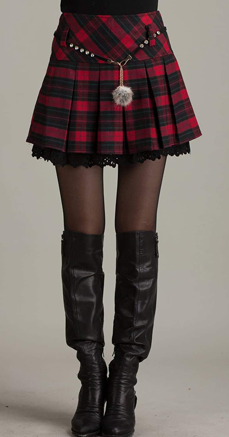 chouyatou Women's A-Line Plaid Wool Blend Pleated Skirt Side Zipper Medium Red