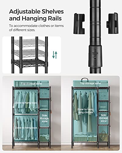 SONGMICS Garment Rack Heavy Duty Clothes Rack, Freestanding Portable Wardrobe Closet for Hanging Clothes with 2 Storage Boxes, 8 Hooks, Adjustable Wire Shelves, 2 Hanging Rods, Black ULGR422B01