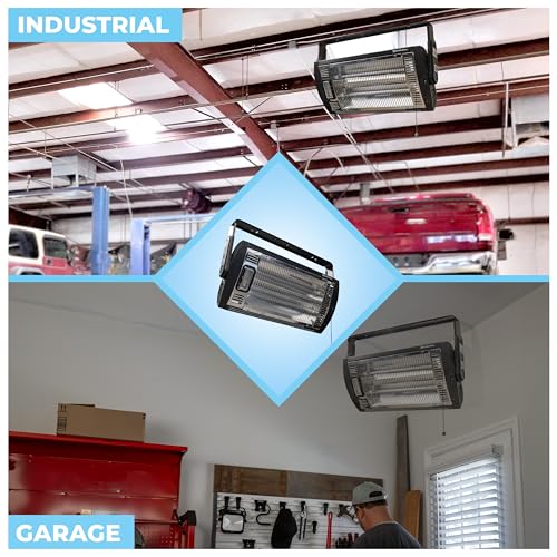 Comfort Zone Ceiling Mounted Space Heater, 90 Degree Adjustable Tilt, Dual Quartz, Radiant, Electric, Safety Grille, Overheat Protection, Hardware Included, Ideal for Workshop, Garage, 1,500W, CZQTV5M