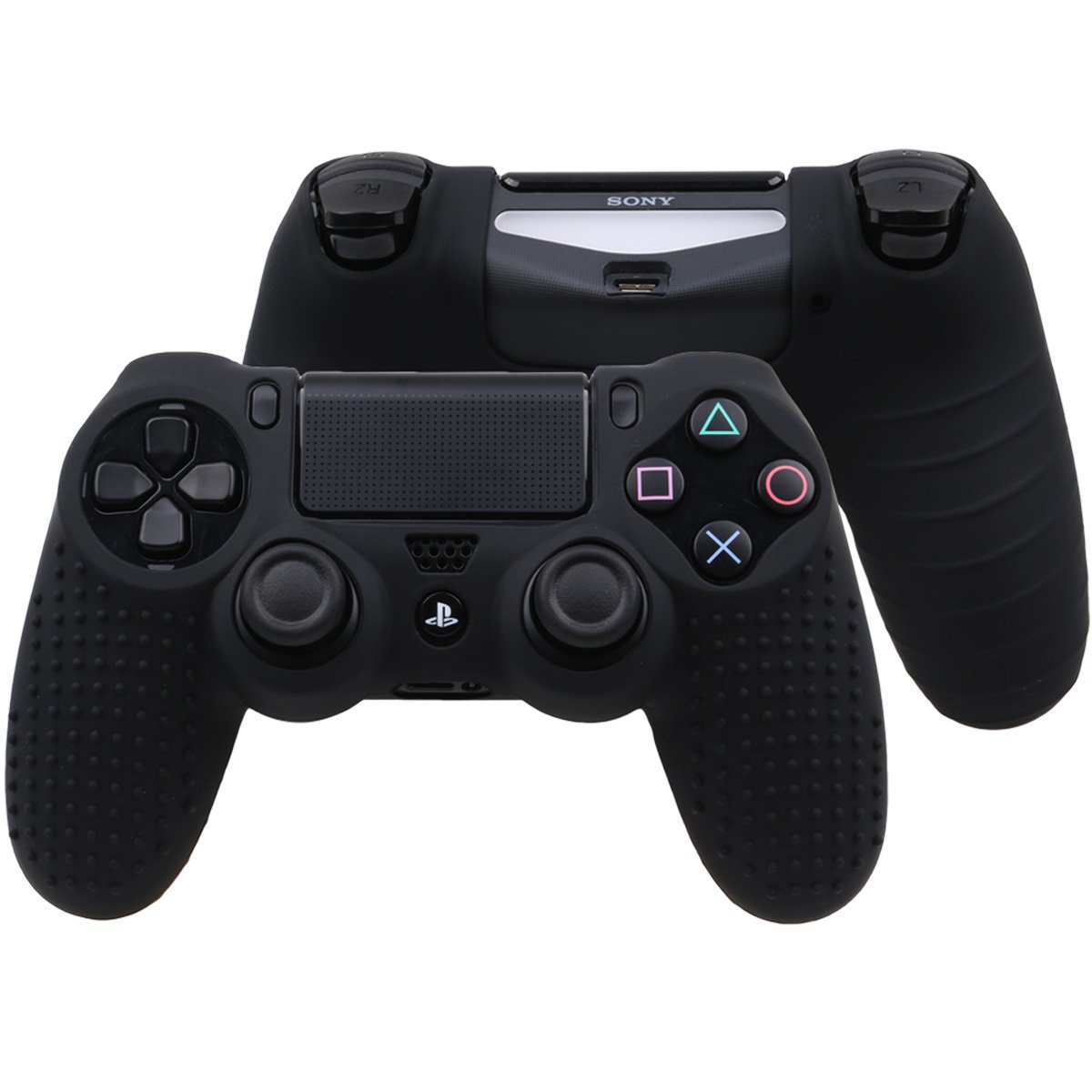 PS4 Controller Grips,Pandaren Studded Anti-Slip Silicone Cover Skin Set Compatible for PS4 /Slim/PRO Controller(Black Skin x 2 + FPS PRO Thumb Grips x 8)