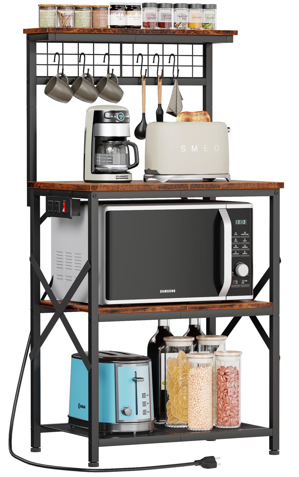Furologee Kitchen Bakers Rack with Power Outlet, Microwave Oven Stand with Storage 4 Tiers, Coffee Bar Table with 6 S Hooks, Kitchen Storage Shelf Rack for Spices, Pots, Rustic Brown