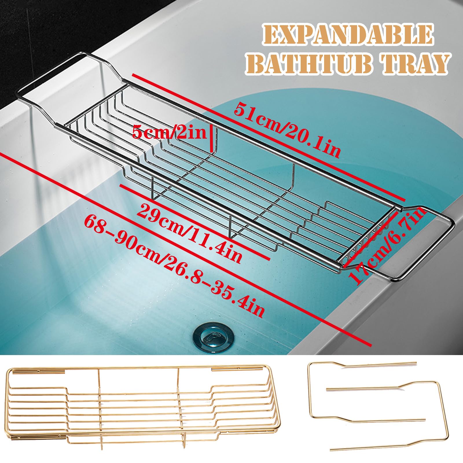 GIYDNEI Stainless Steel Bathtub Caddy Tray, Expandable Bath Tub Tray Table, Adjustable Bathroom Tray, Bath Organizer Tub Shelf,Black,26.8~35.4in