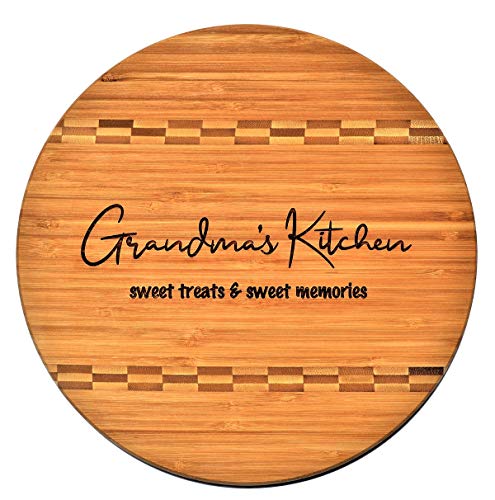 Grandma Gift - Bamboo Butcher Block Inlay Engraved Cutting Board - Grandma’s Kitchen Sweet Treats & Sweet Memories - Design Decor Birthday Mother Day Christmas Best Grandma Ever GK Grand (9.75 Round)