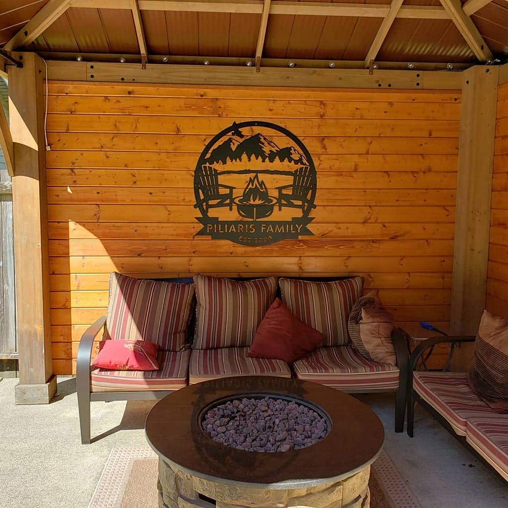 RealSteel Personalized Campfire Name Sign - Custom Metal Wall Art with Adirondack Chairs, Mountains, and Campfire Scene - Rustic Cabin, RV, and Campsite Decor - Gift for Campers & Nature Lovers - Black, 18"