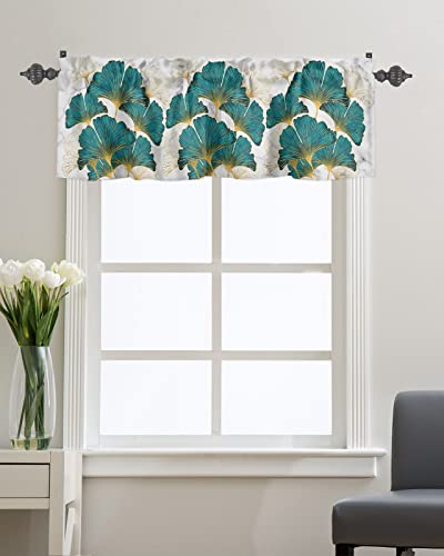 Teal Ginkgo Biloba Leaf White Marble Gold Stripes Valance Curtains for Kitchen Small Windows,Blackout Short Window Treatment Summer Leaves Rod Pocket Valance for Living Room Bedroom Decor,42"Wx12"L