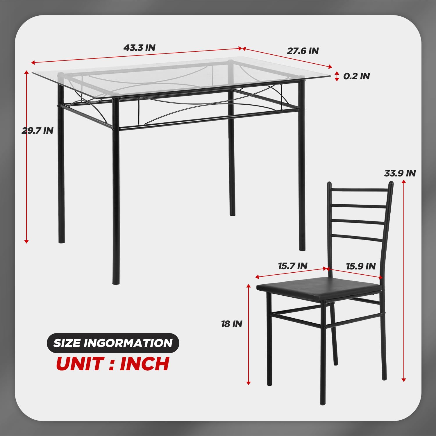 FDW Classic Dining Table Set 5 Piece,Metal Frame Glass Top Table and 4 Rectangular Modern Chairs Set,Suitable Small Space Kitchen Table Set for 4,Black