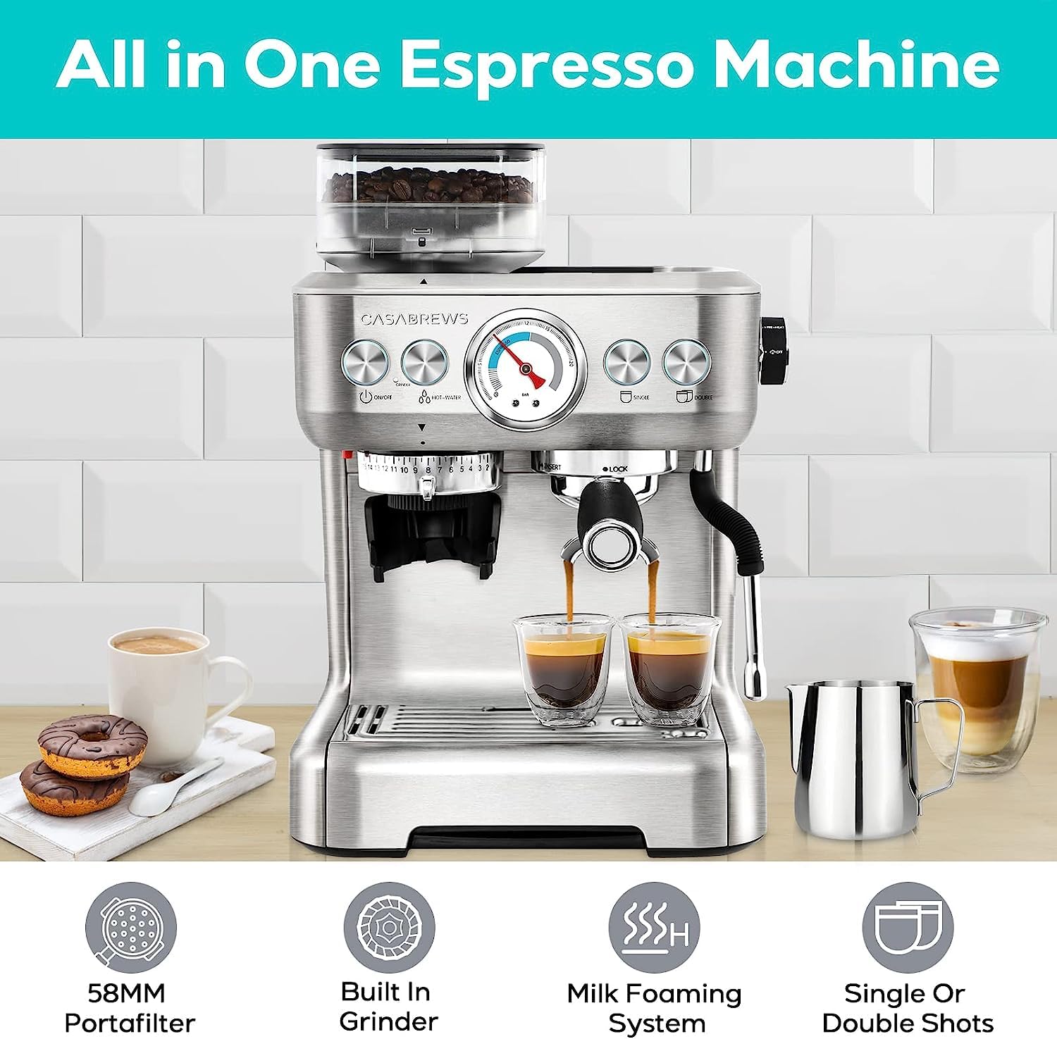 CASABREWS Espresso Machine With Grinder, Professional Espresso Maker With Milk Frother Steam Wand, Barista Espresso Coffee Machine With Removable Water Tank, Used
