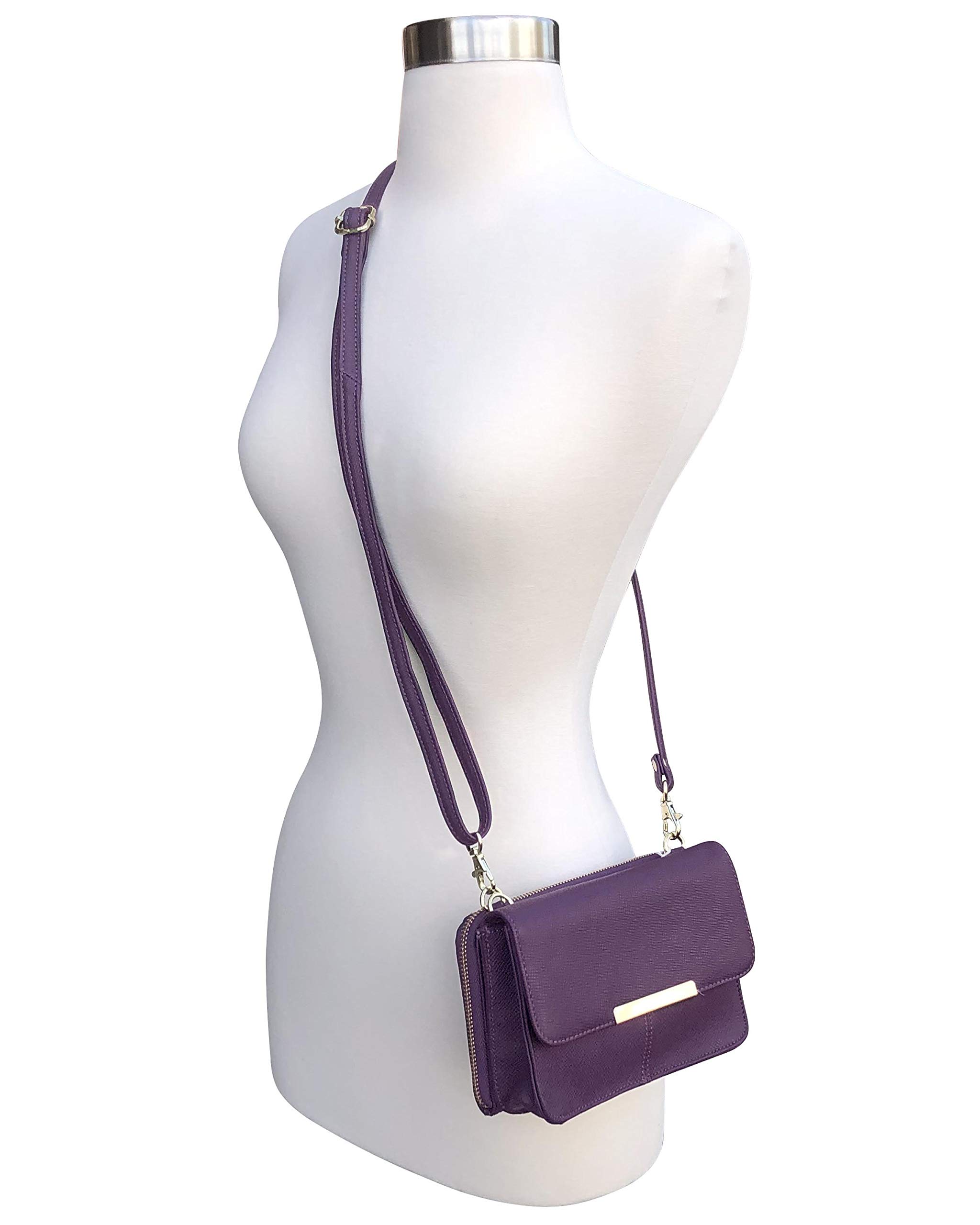 Roma Leathers Mini Leather Cross Body Purse - Premium Purple Embossed Cowhide Leather - Backside Detachable Wallet - Adjustable and Removable Shoulder Strap - Designed in USA