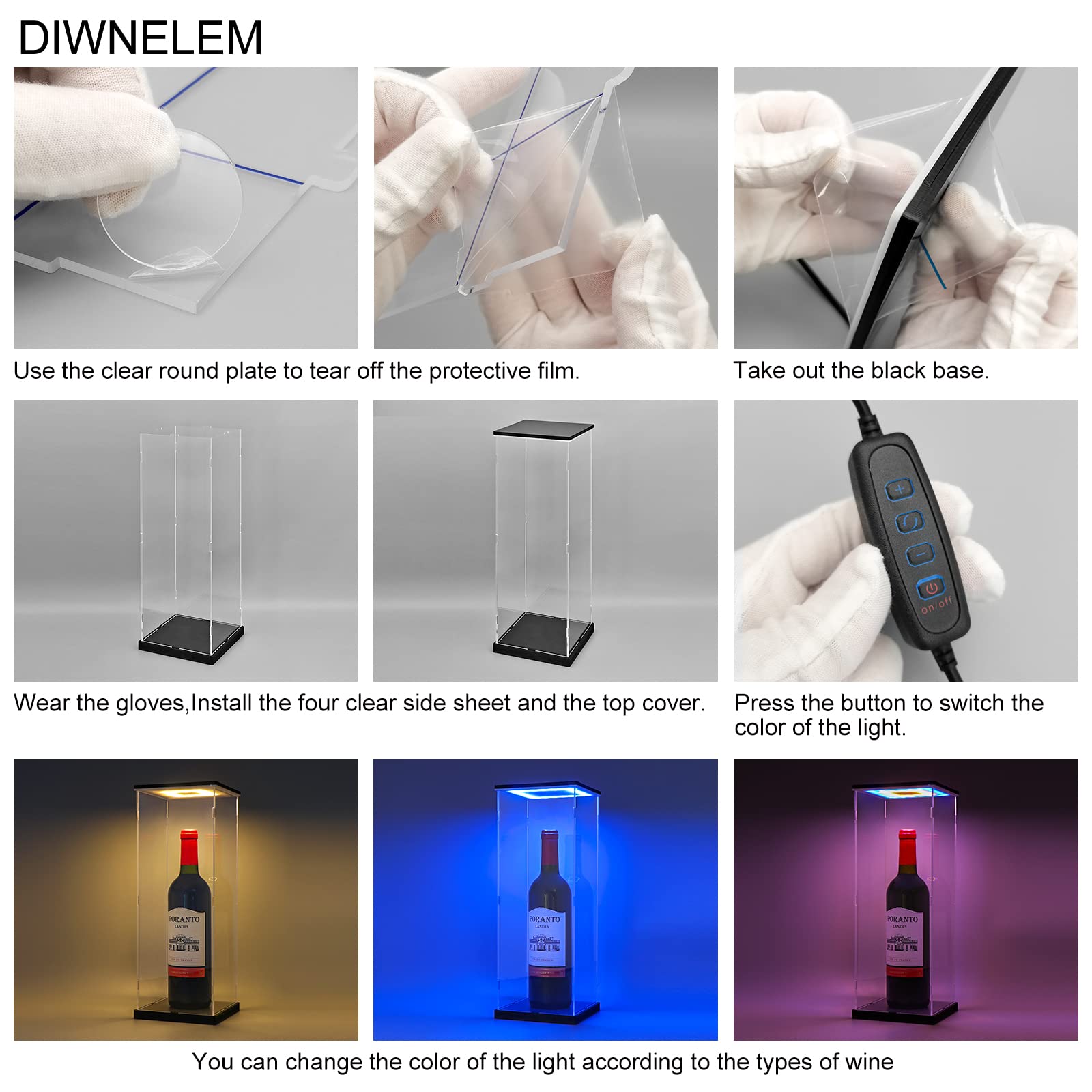 DIWNELEM Acrylic Wine Bottle Display Case with LED Light Display Stand Wine Display Case Protector Dustproof for Red Wine,Champagne,Liquor,Whiskey,Beer,Beverage Bottle (5.8 * 5.8 * 11.8")