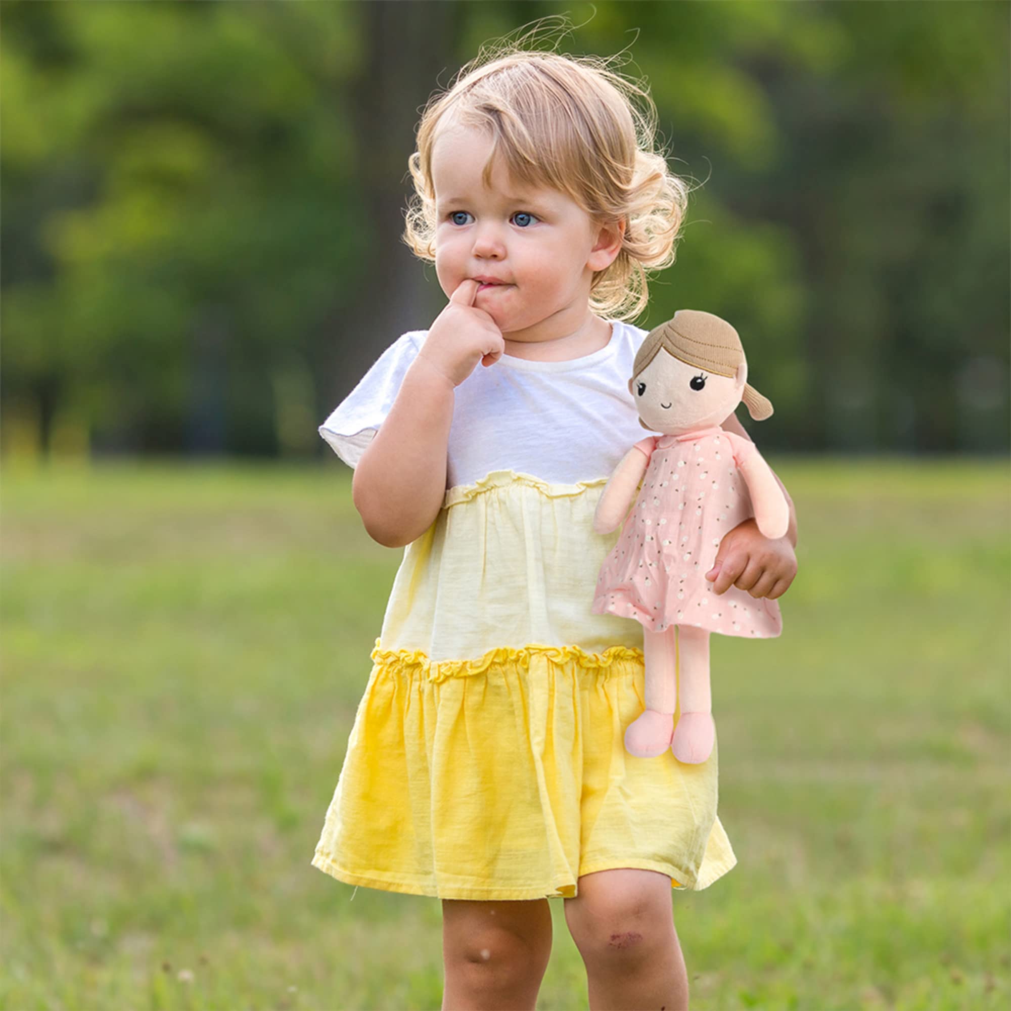 Linzy Toys, Soft Plush Light Pink Blue Emily Rag Doll for Girl, 15" My First Rag Doll, Muñecas de Trapo para Niña, Embroidered Face, Safe for All Ages (89835)