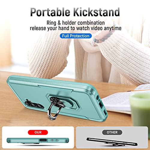 Samsung Galaxy A14 5G Case with Screen Protector, Military Grade Dual Layer Shockproof Heavy Duty Shockproof Full Body Protective Phone Cover, Built in Rotatable Magnetic Ring Holder for A14 (Green)