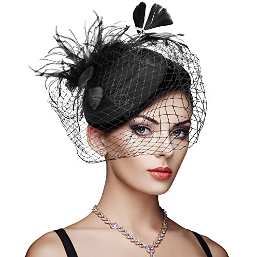 DRESHOW Fascinator Hat Cocktail Tea Party Bow Hat Netted Pillbox Hat with Hair Clip and Headband for Women and Girls