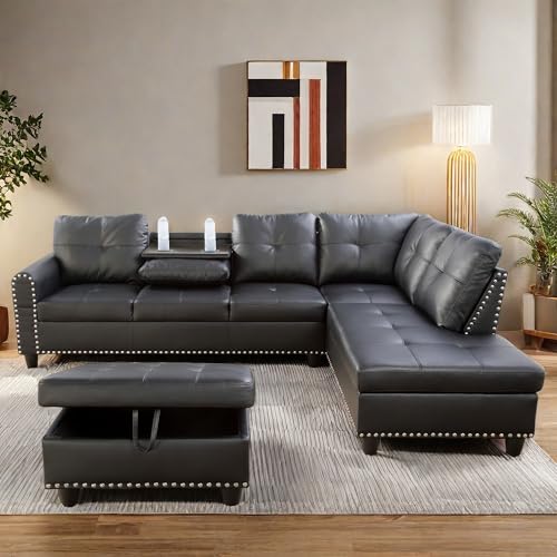 GlasFlength Leather L Shaped Couch with Ottoman, Modern Nail-Head Design Comfy Sectional Sofa with Cup Holder & Chaise for Living Room, Bedroom, Office