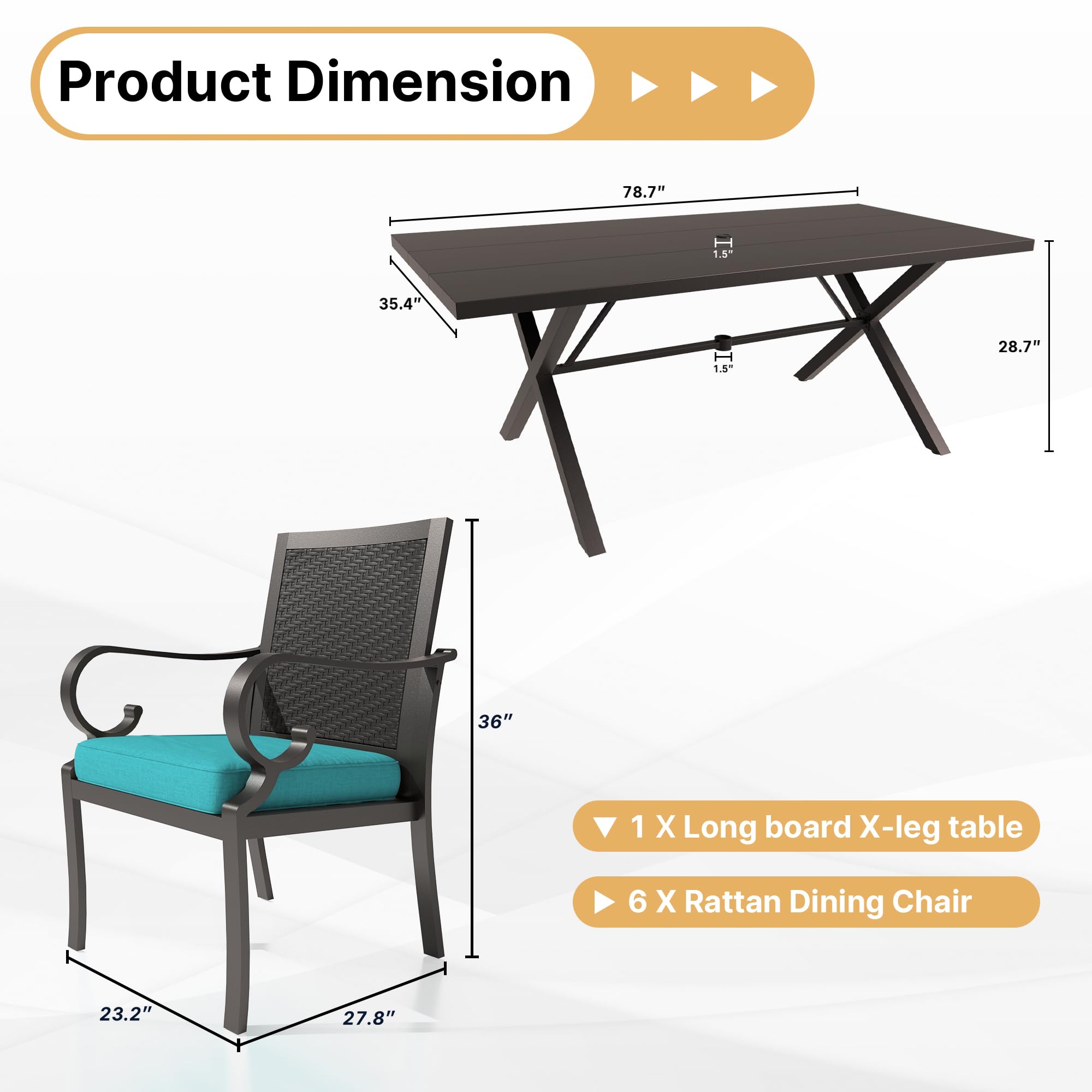 Gotland 7 Piece Outdoor Dining Table and Chairs for 6, Rectangular Patio Dining Table with Umbrella Hole, Modern Outdoor Patio Set, Lawn Garden Outdoor Table and Rattan Chairs