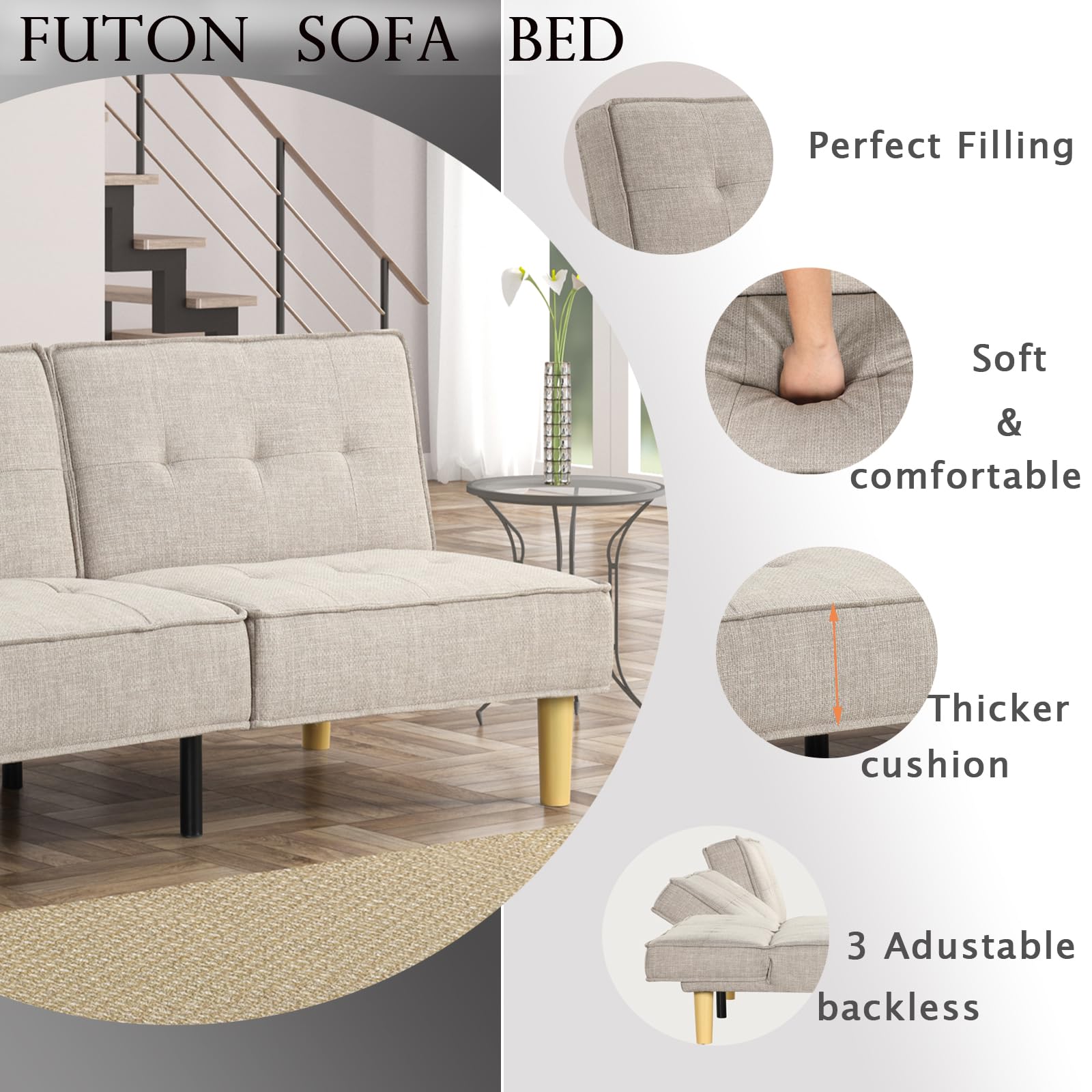 Furrich Convertible Futon Sofa Bed, Loveseat Foldable Futon Couch Adjustable Backrest, Small Futon Couch for Living Room, Small Space, Apartment, Beige Fabric 307BG